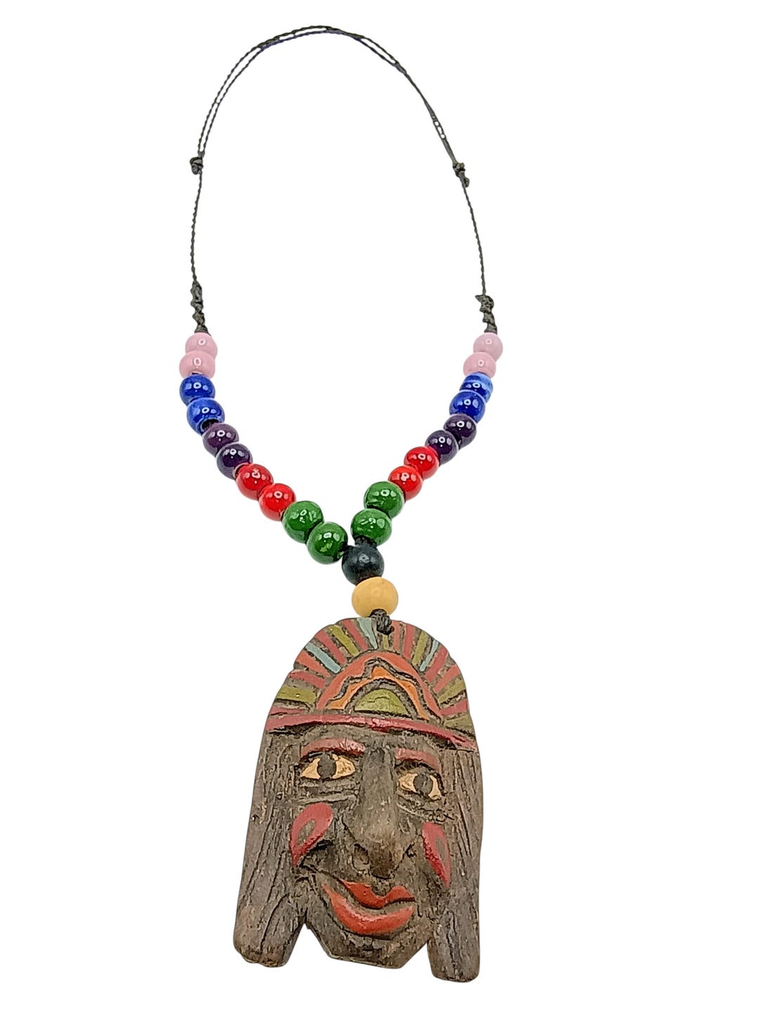 Hand-carved Inca Face Wooden Necklace - Artisan Beaded Tribal Jewelry ...