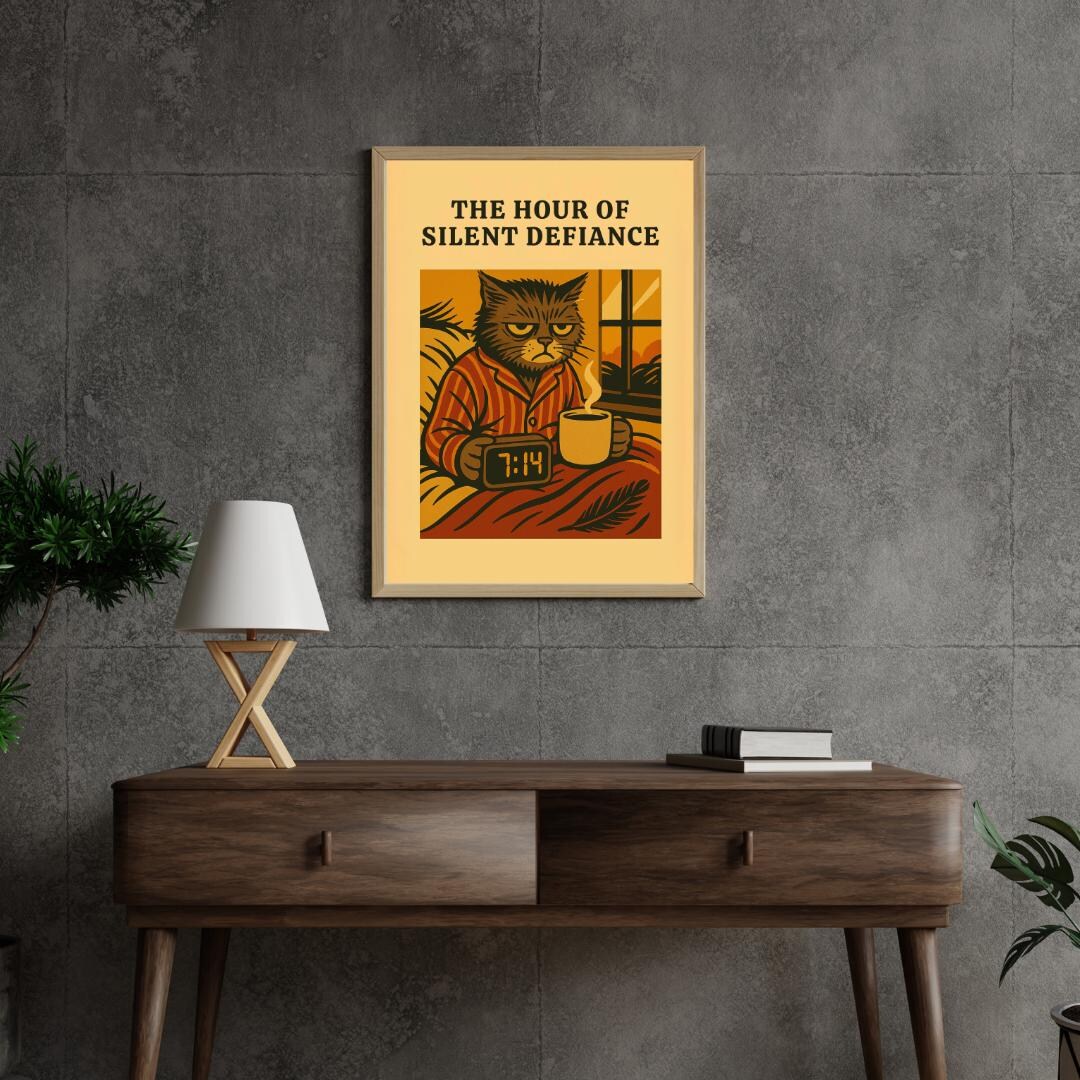 7:14 AM Cat – Grumpy Morning Poster, Vintage Digital Print, Funny ...