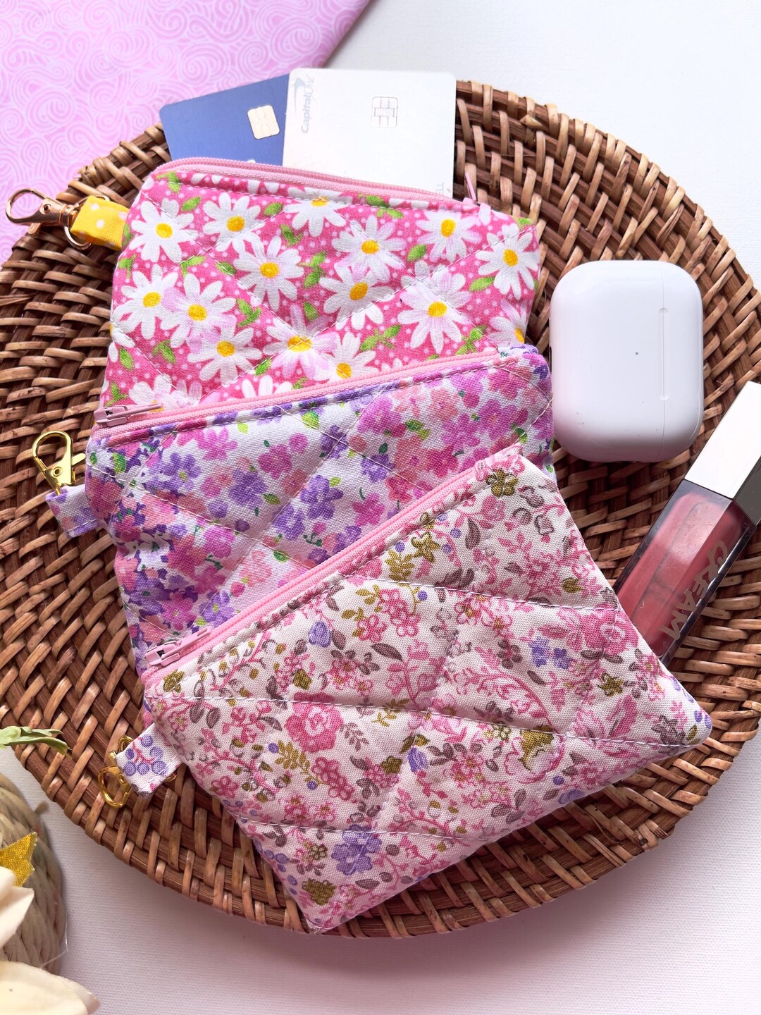 Handmade Quilted Coin Purse: Floral Keychain Card Holder - Etsy