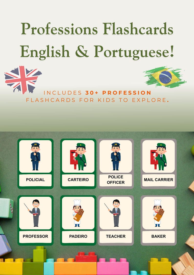 Professions Flashcards | Bilingual English & Portuguese Printable ...