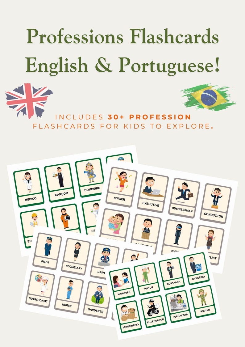 Professions Flashcards | Bilingual English & Portuguese Printable ...