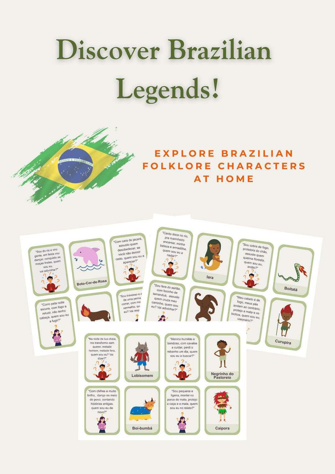 Brazilian Folklore Riddles Flashcards | Printable Boto, Saci, Cuca ...