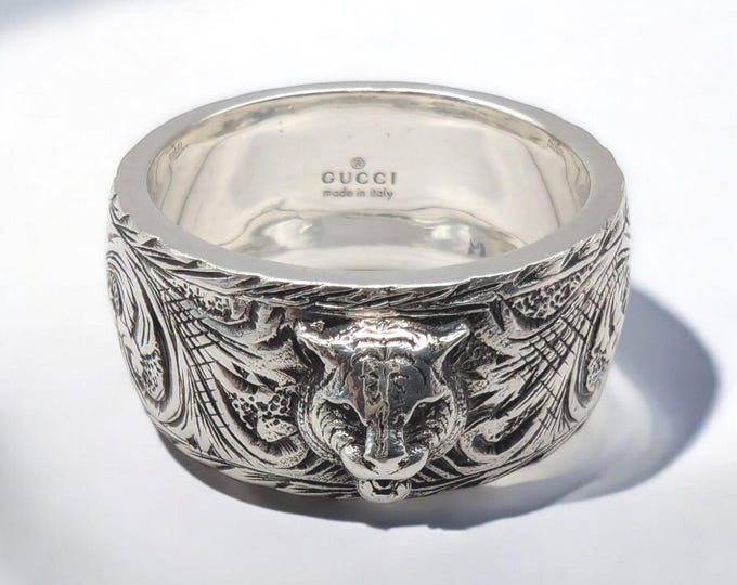 Detailed Feline Head Arabesque Patterns GUCCI Sterling Silver Band Ring ...