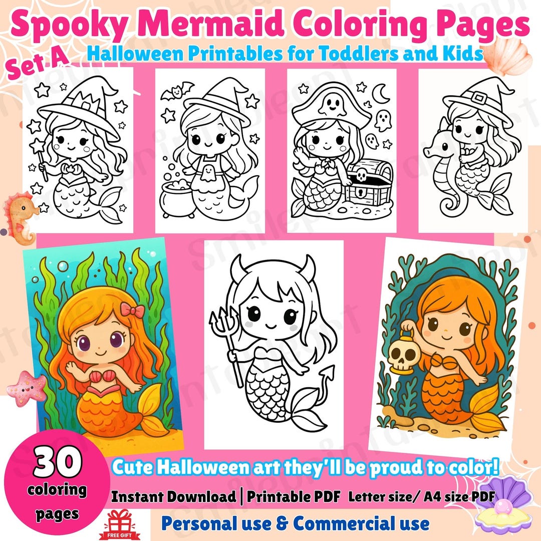 Spooky Mermaid Halloween Coloring Pages for Kids – 30 Printable Sheets ...