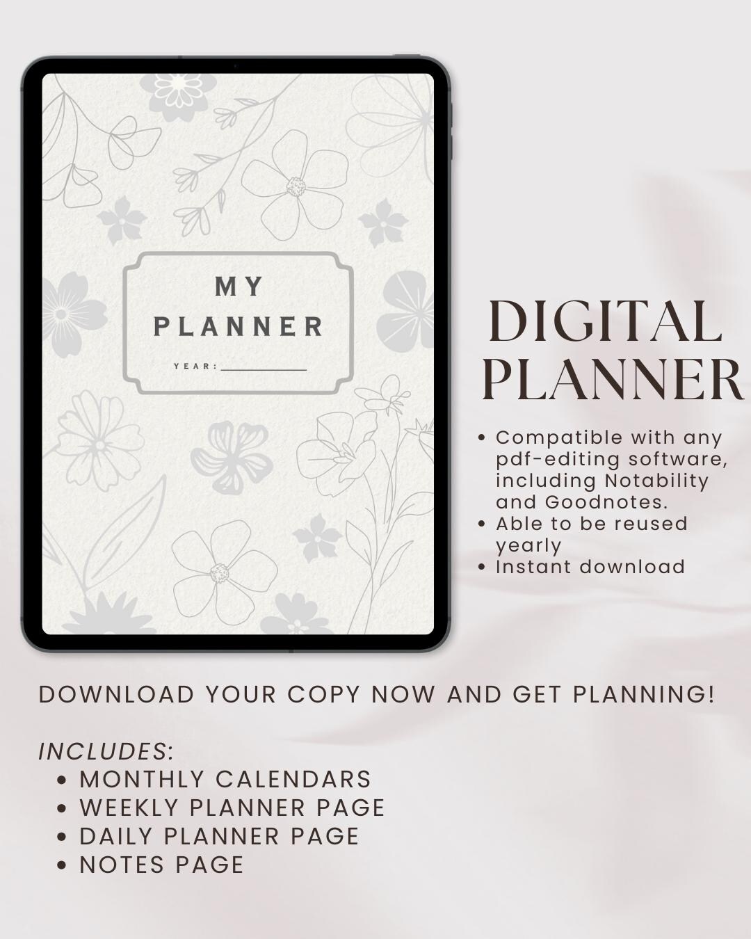Minimalist Floral Digital Planner: Monthly, Weekly, Daily (reuse Yearly ...