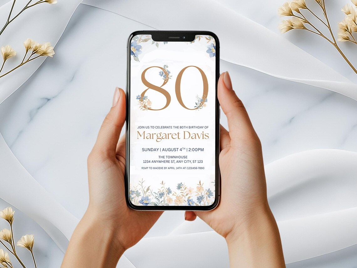 Editable 80th Birthday Invitation Card for Women | Vintage Floral ...