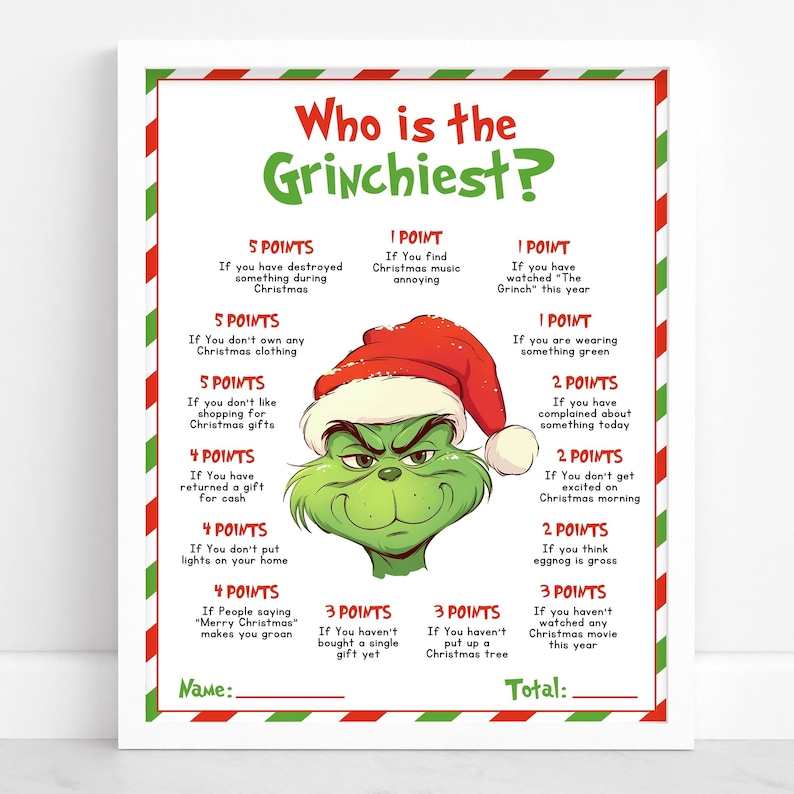 Who's the Grinchiest Game, Printable Christmas Grinch Party Game, Who ...