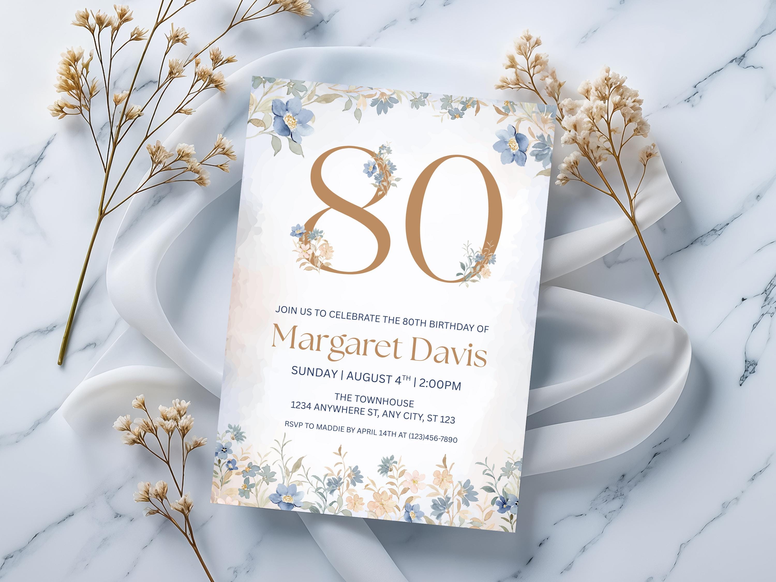 Editable 80th Birthday Invitation Card for Women | Vintage Floral ...