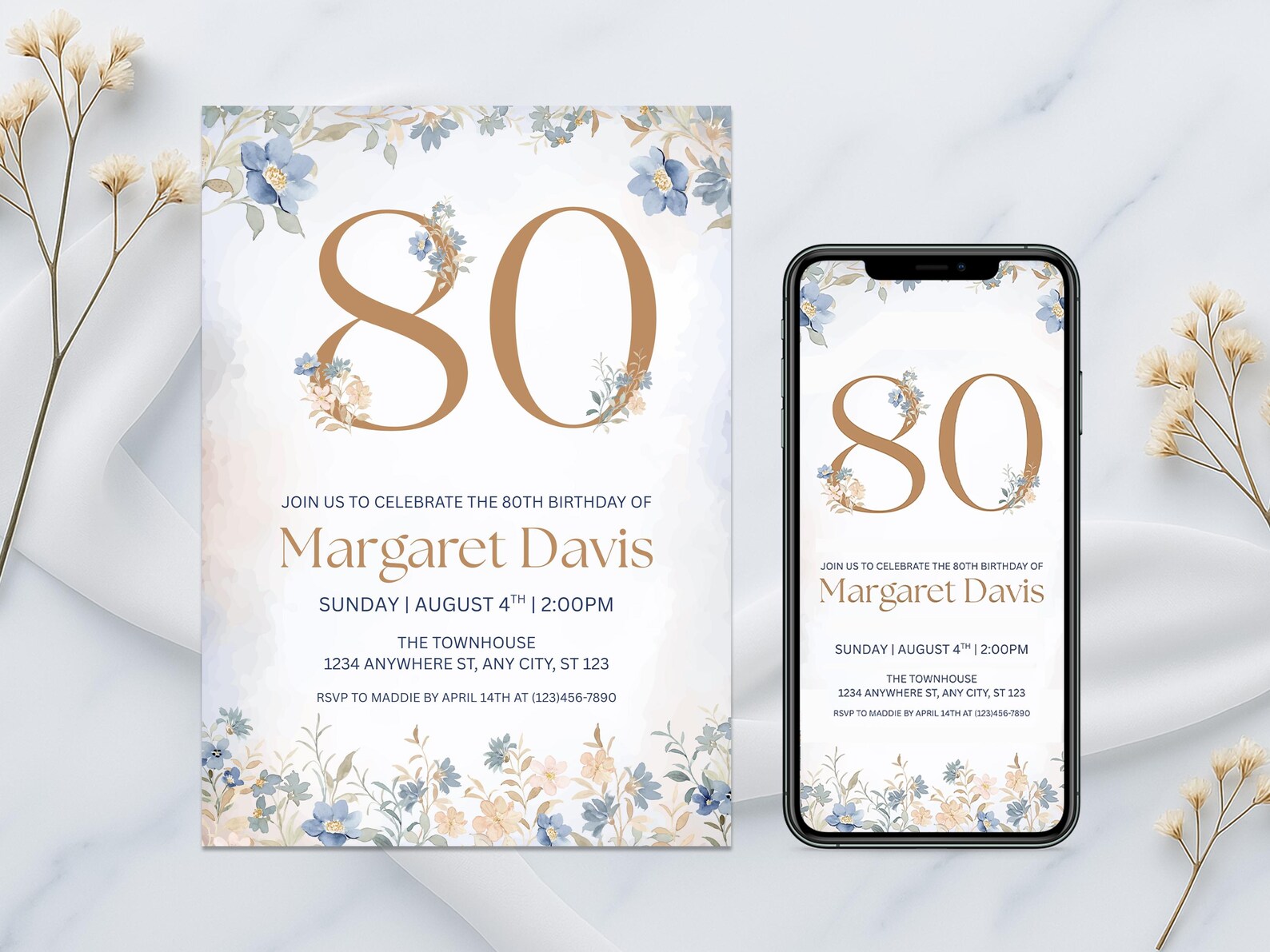 Editable 80th Birthday Invitation Card for Women | Vintage Floral ...