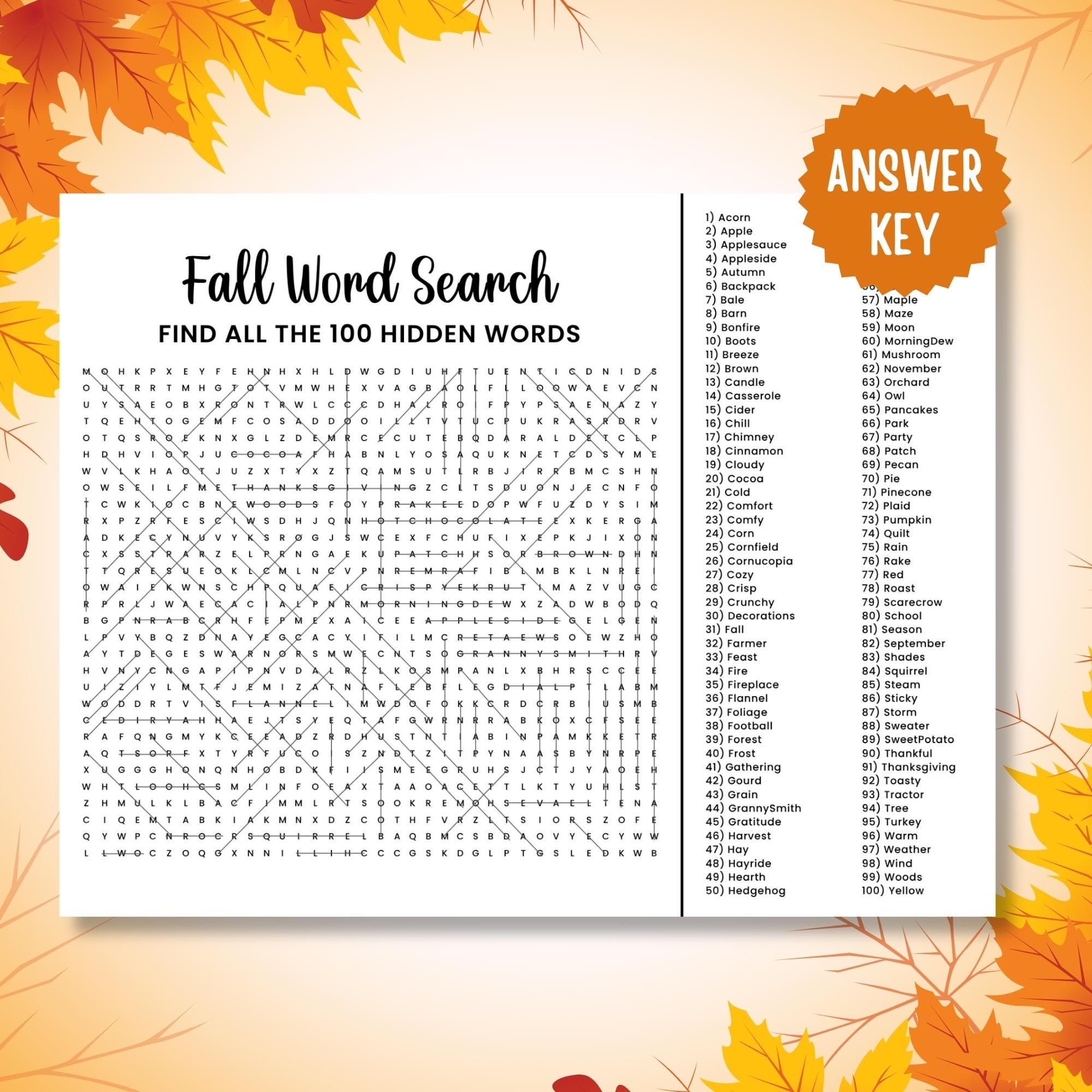 Giant Fall Word Search Game, Autumn Fun Game, Printable Large Fall Word ...
