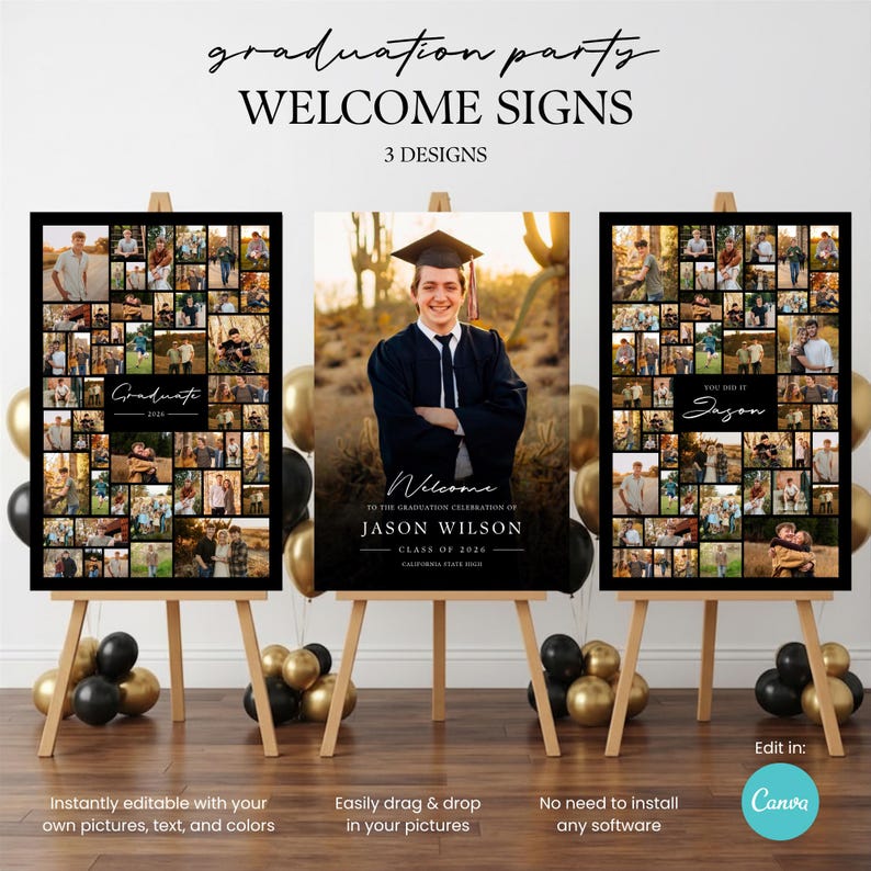 Male Graduation Welcome Sign Set of 3, Black Photo Collage Graduation ...