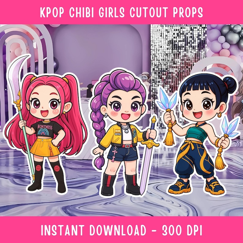 Printable Kpop Chibi Anime Hunter Girls Cutouts, Kawaii Idol Warriors ...