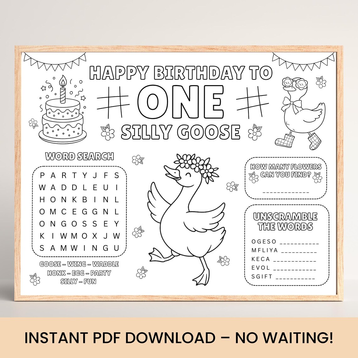Silly Goose Birthday Party Activity Sheet, Goose Coloring Kids Activity ...