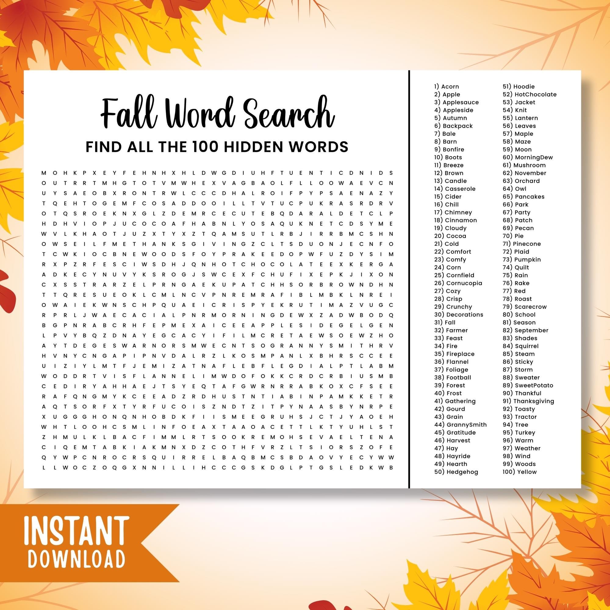 Giant Fall Word Search Game, Autumn Fun Game, Printable Large Fall Word ...