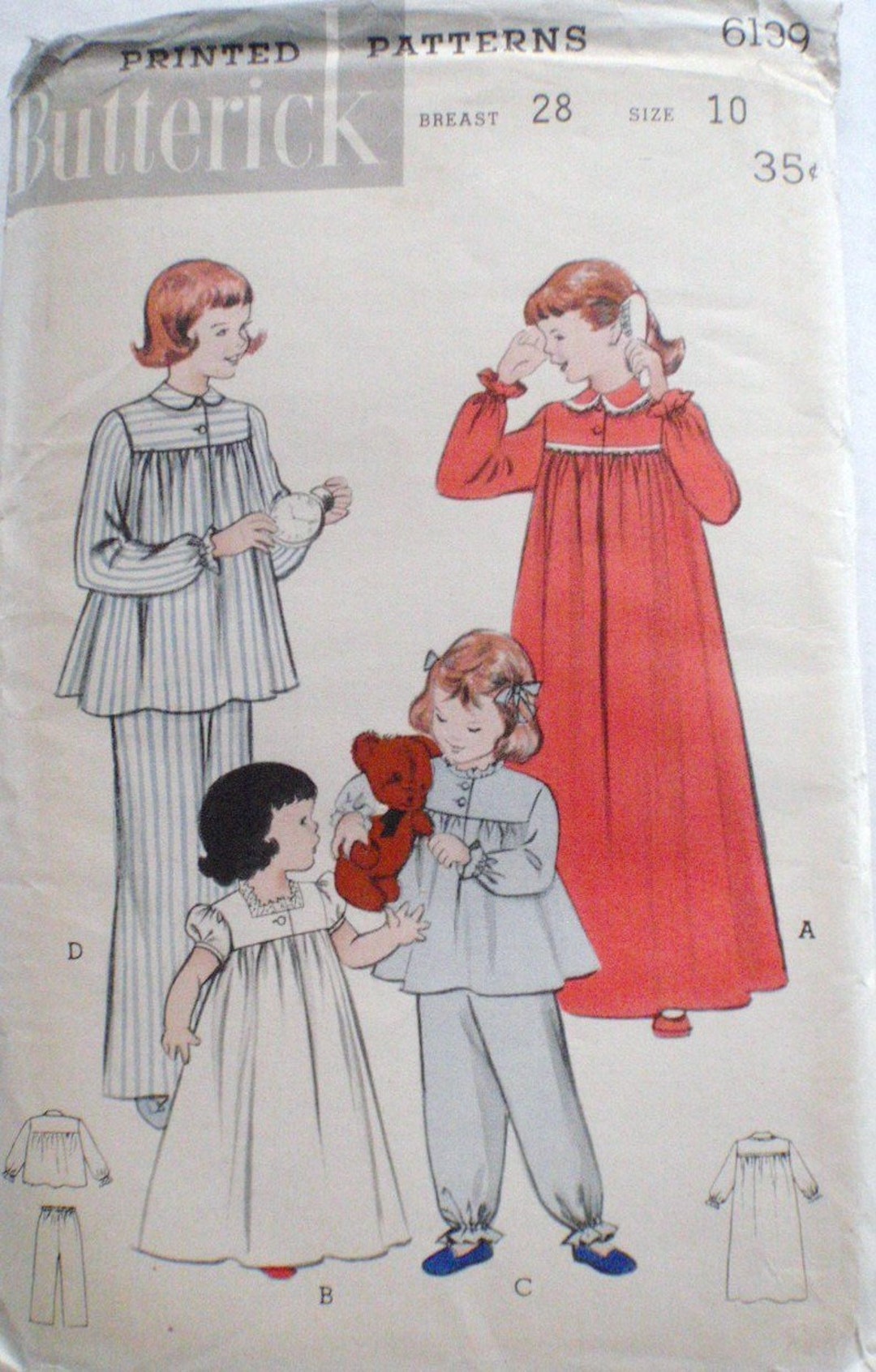 1950s Girls Nightgown and Pajamas Sewing Pattern Butterick 6199 Size 10 ...