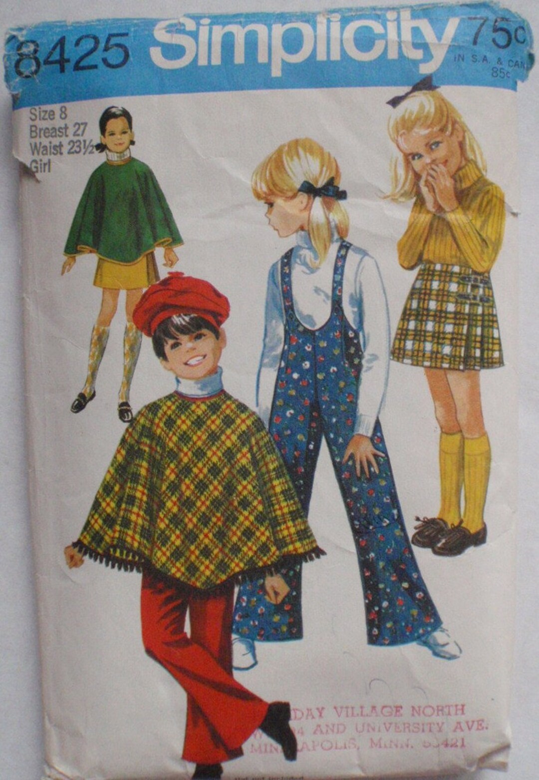 SALE Vintage 1960s Girls Sewing Pattern Poncho, Skirt and Bell Bottom Suspender Pants Simplicity ...