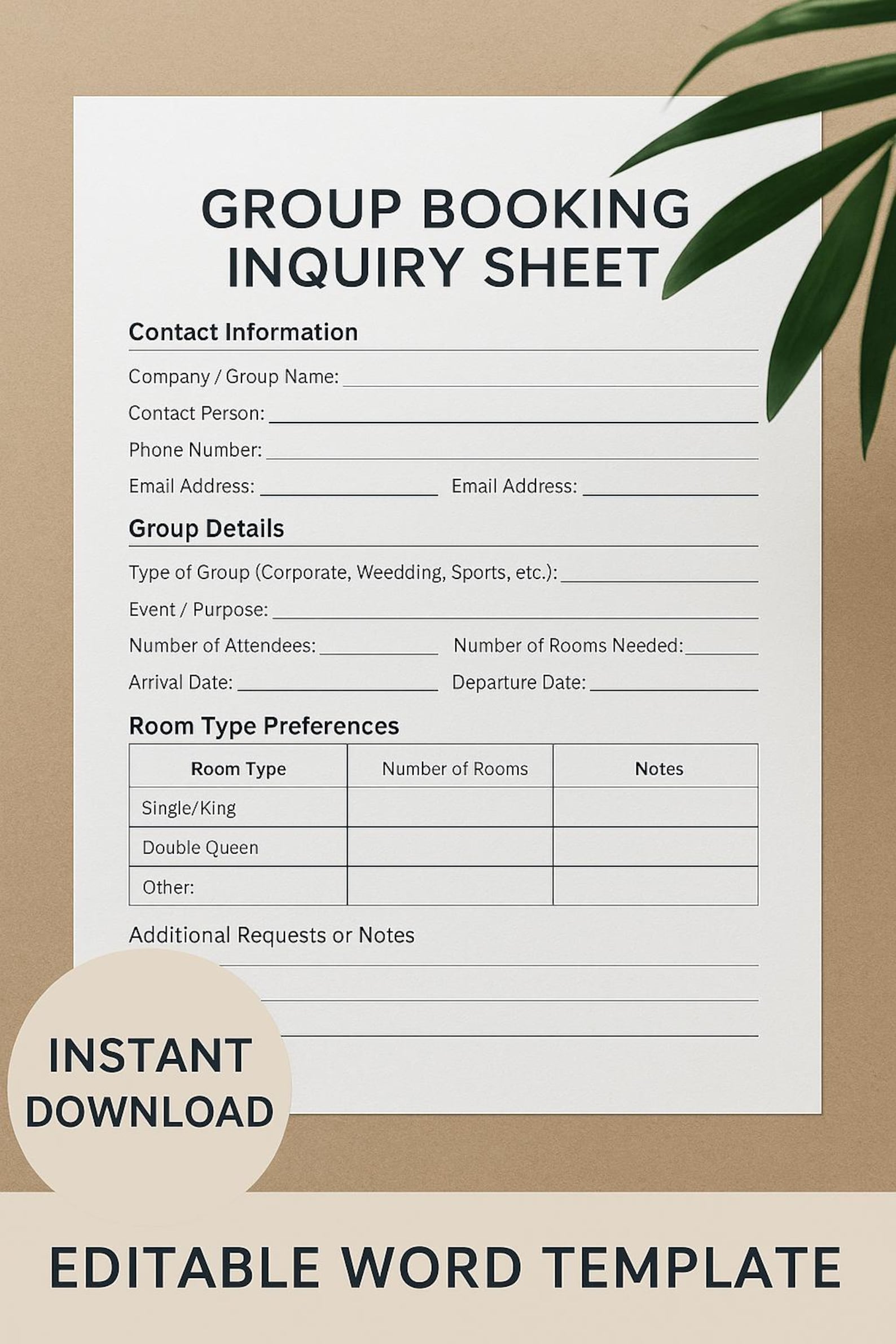 Group Booking Inquiry Sheet – Hotel Lead Form | Editable Word Template ...