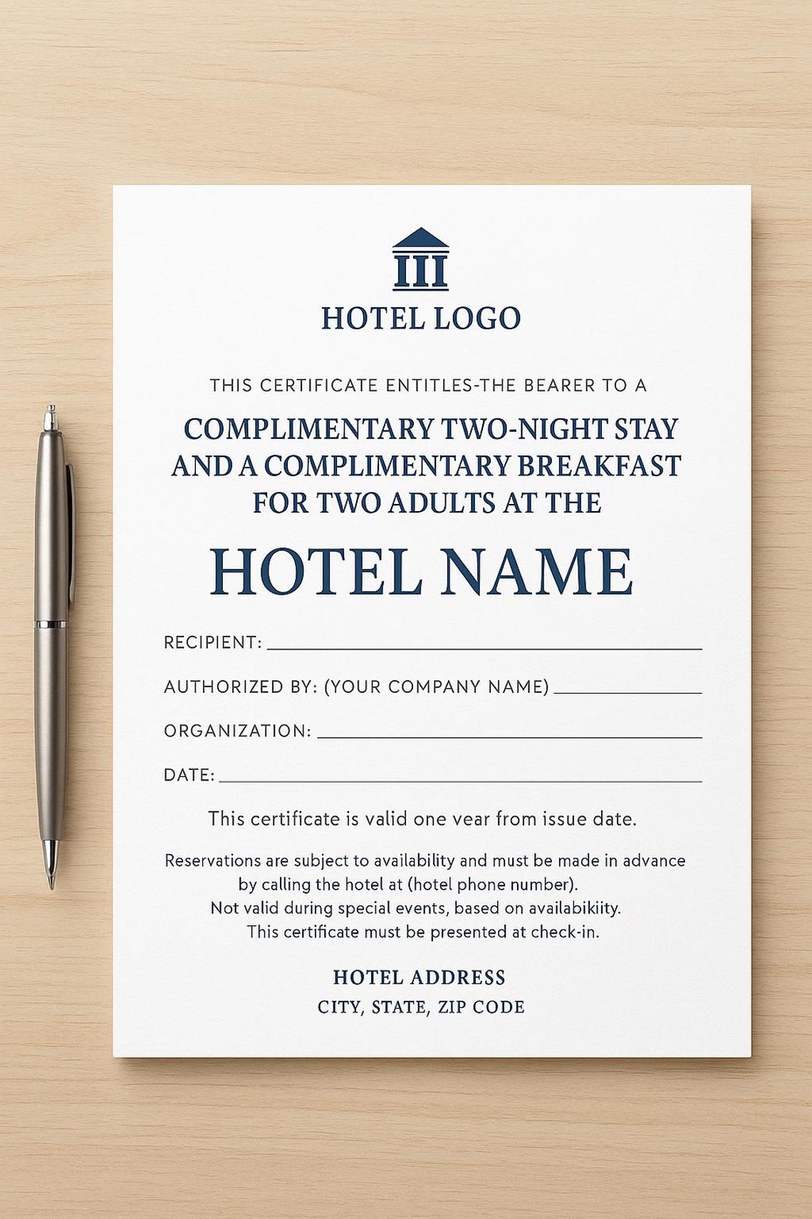Editable Complimentary Hotel Stay Certificate Template | 2-night Stay ...