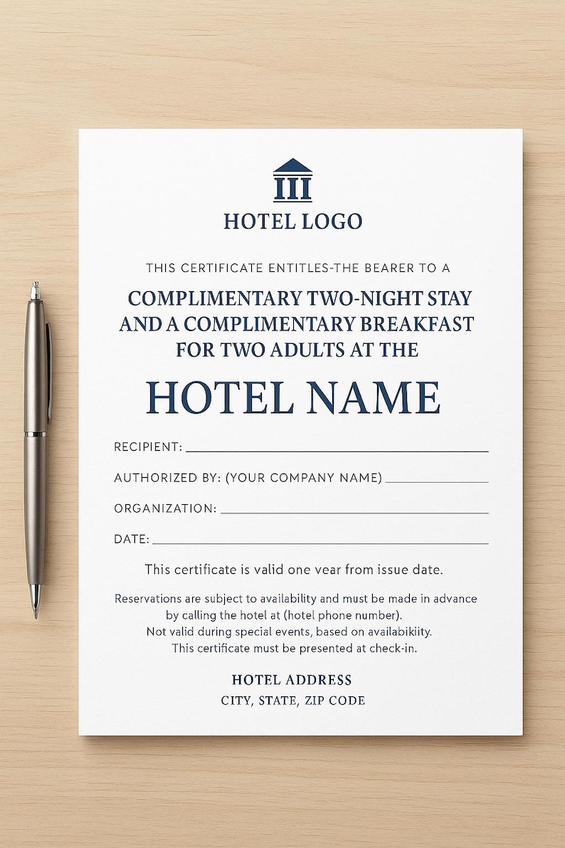 Editable Complimentary Hotel Stay Certificate Template | 2-night Stay ...