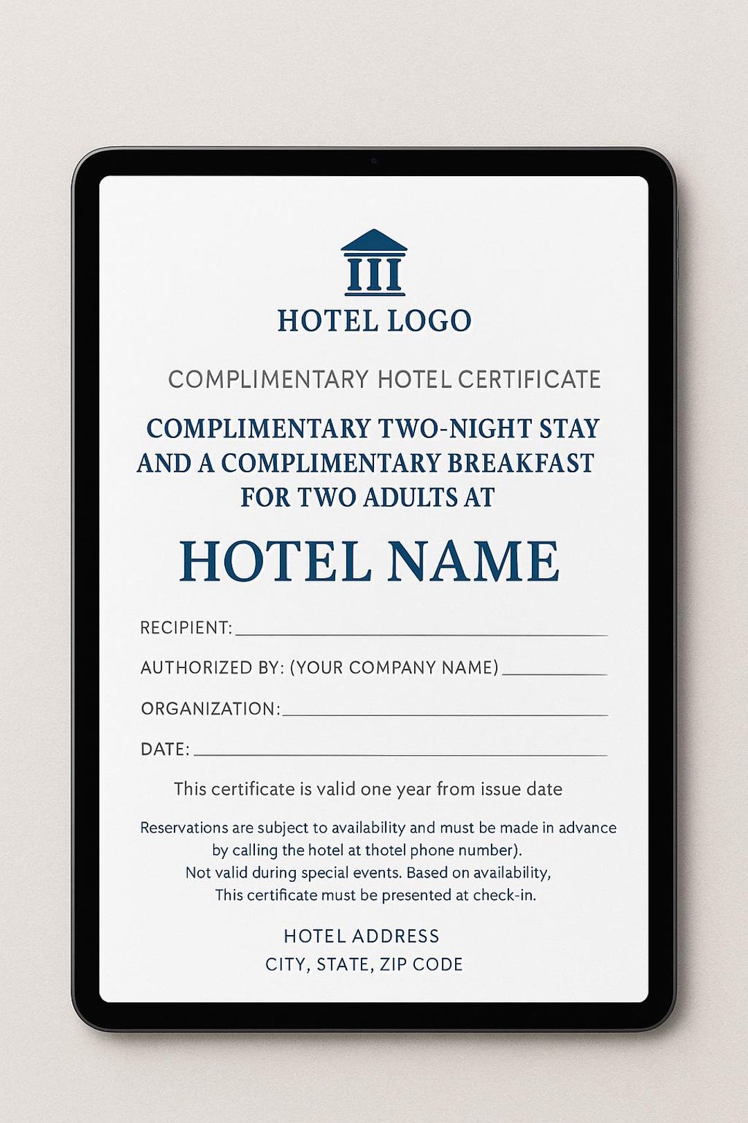 Editable Complimentary Hotel Stay Certificate Template | 2-night Stay ...