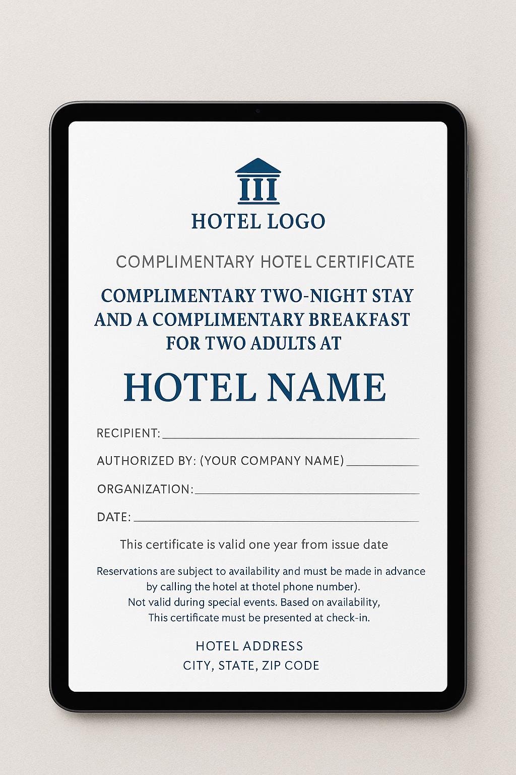 Editable Complimentary Hotel Stay Certificate Template | 2-night Stay ...