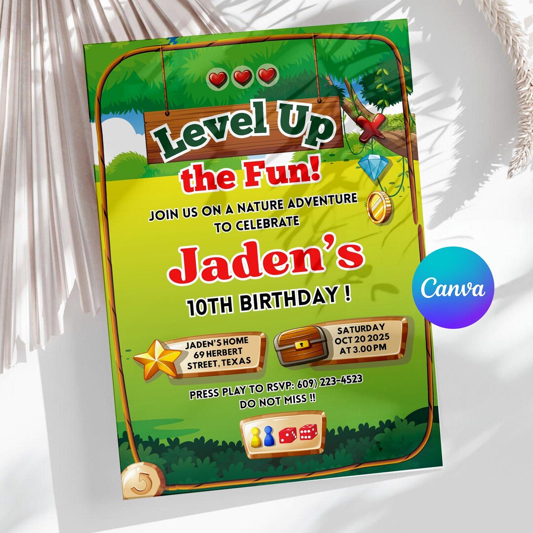 Level up Birthday Invitation: Nature Adventure Video Game Party ...