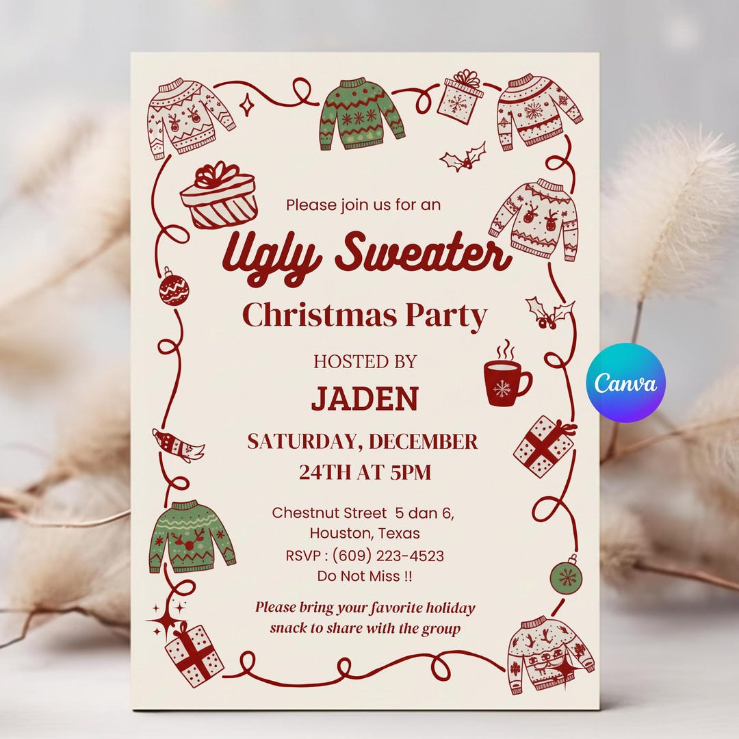 Editable Ugly Sweater Party Invite, Ugly Sweater Invitation, Christmas ...