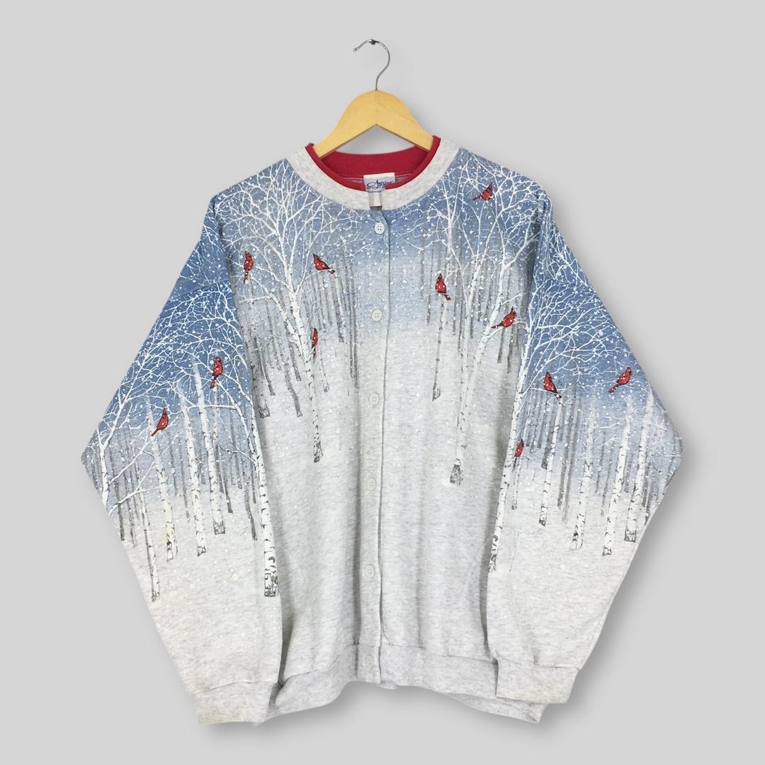 Vintage Cardinal Birds Snow Art Button Sweatshirt Xlarge Artisans Birds ...