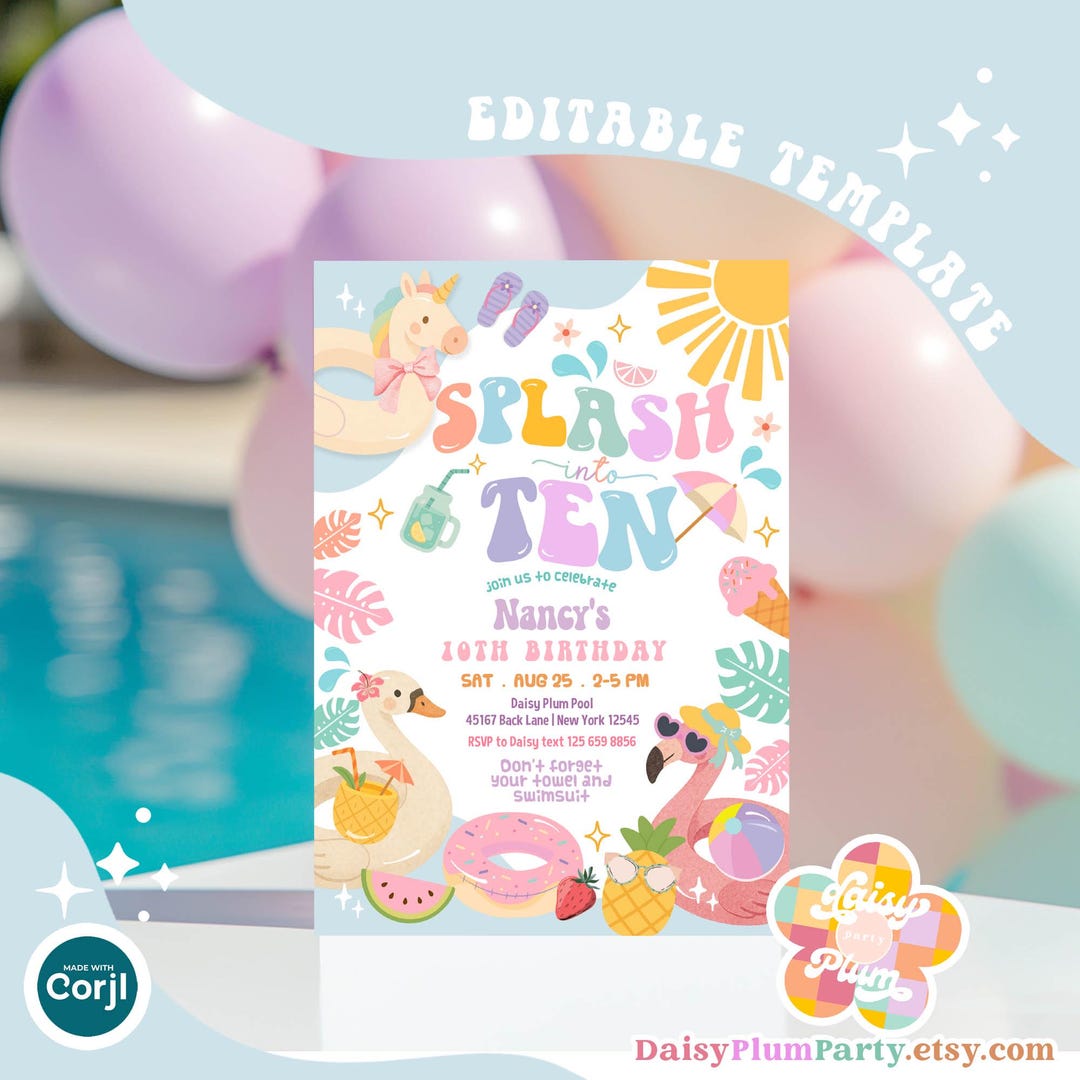 Splash Into TEN Girl Pool Party 10th Birthday Invitation Unicorn Sun ...