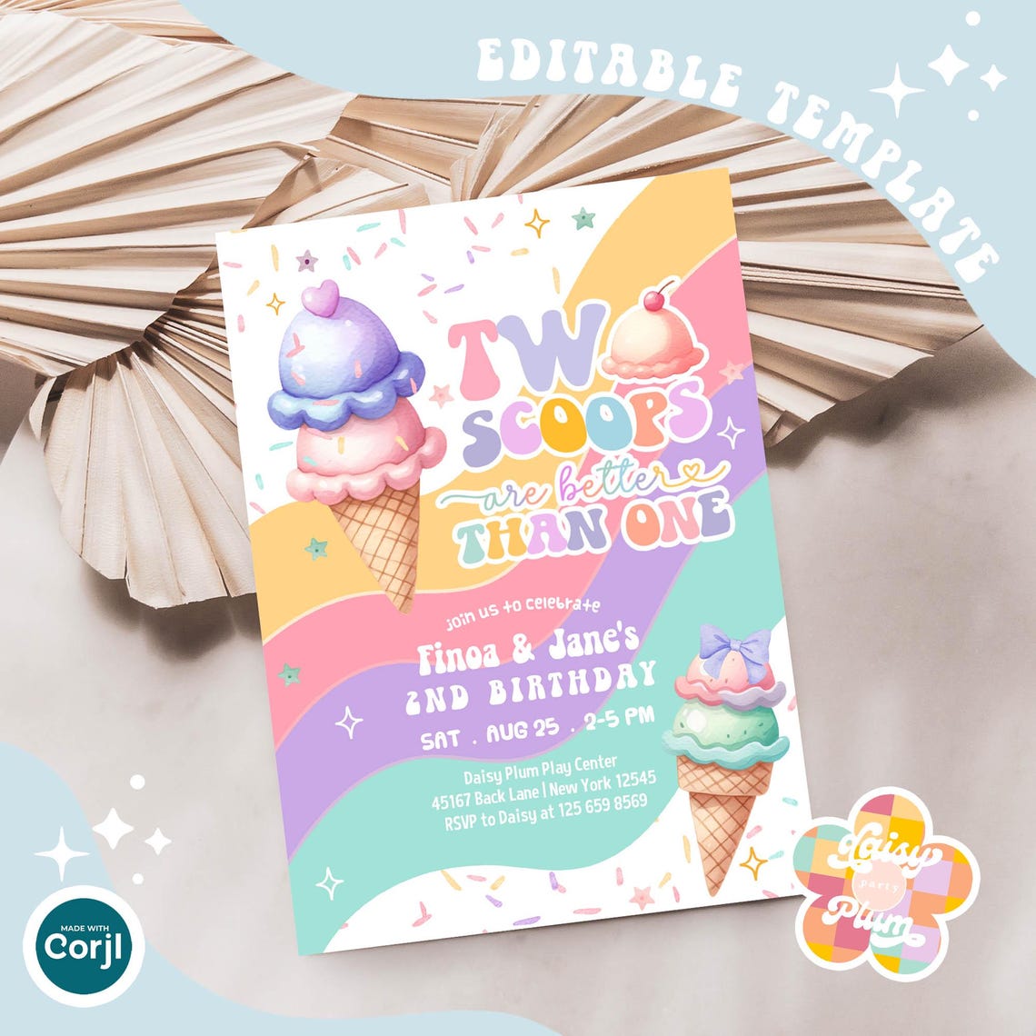 Editable Twin Girls Ice Cream Birthday Two Scoops Are Better Than One ...