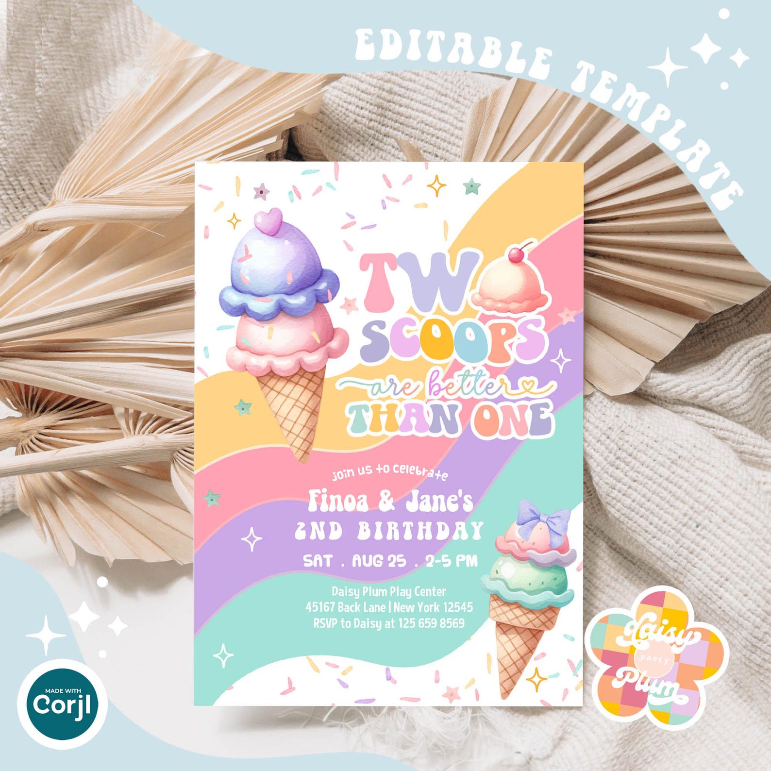 Editable Twin Girls Ice Cream Birthday Two Scoops Are Better Than One ...
