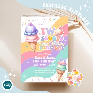 Editable Twin Girls Ice Cream Birthday Two Scoops Are Better Than One ...