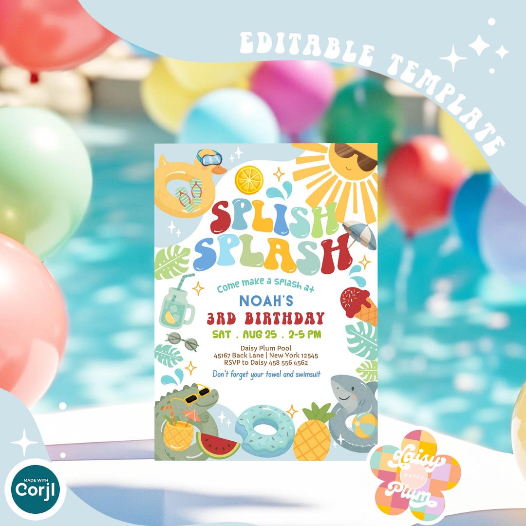 Editable Boy Pool Party Splish Splash First Birthday Invitation ...
