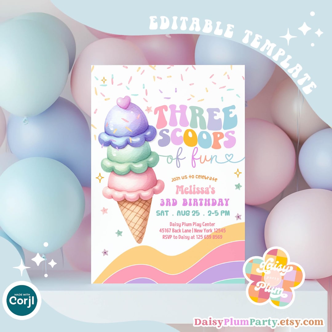 Three Scoops of Fun Ice Cream 3rd Birthday Invitation Invite : Editable ...