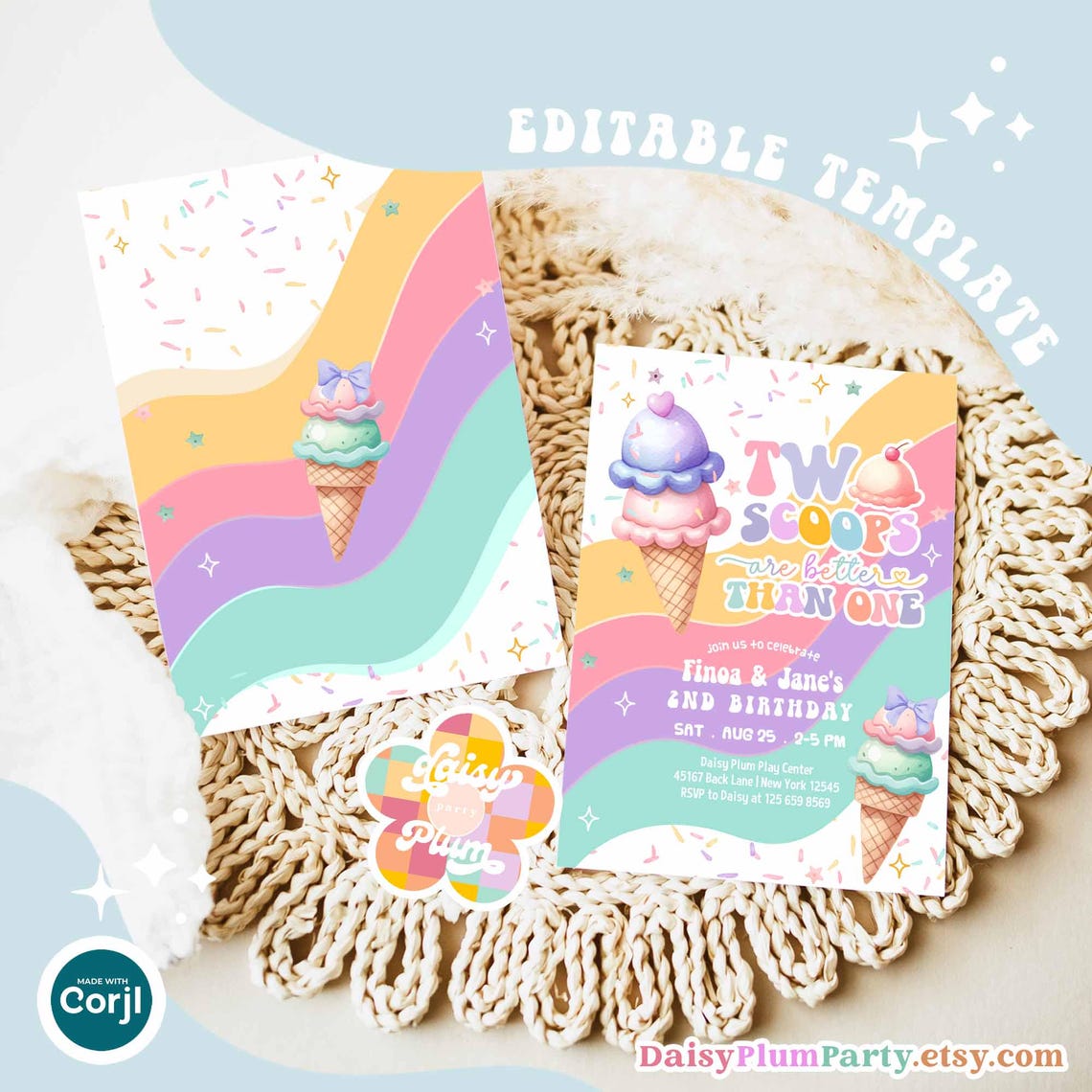 Editable Twin Girls Ice Cream Birthday Two Scoops Are Better Than One ...