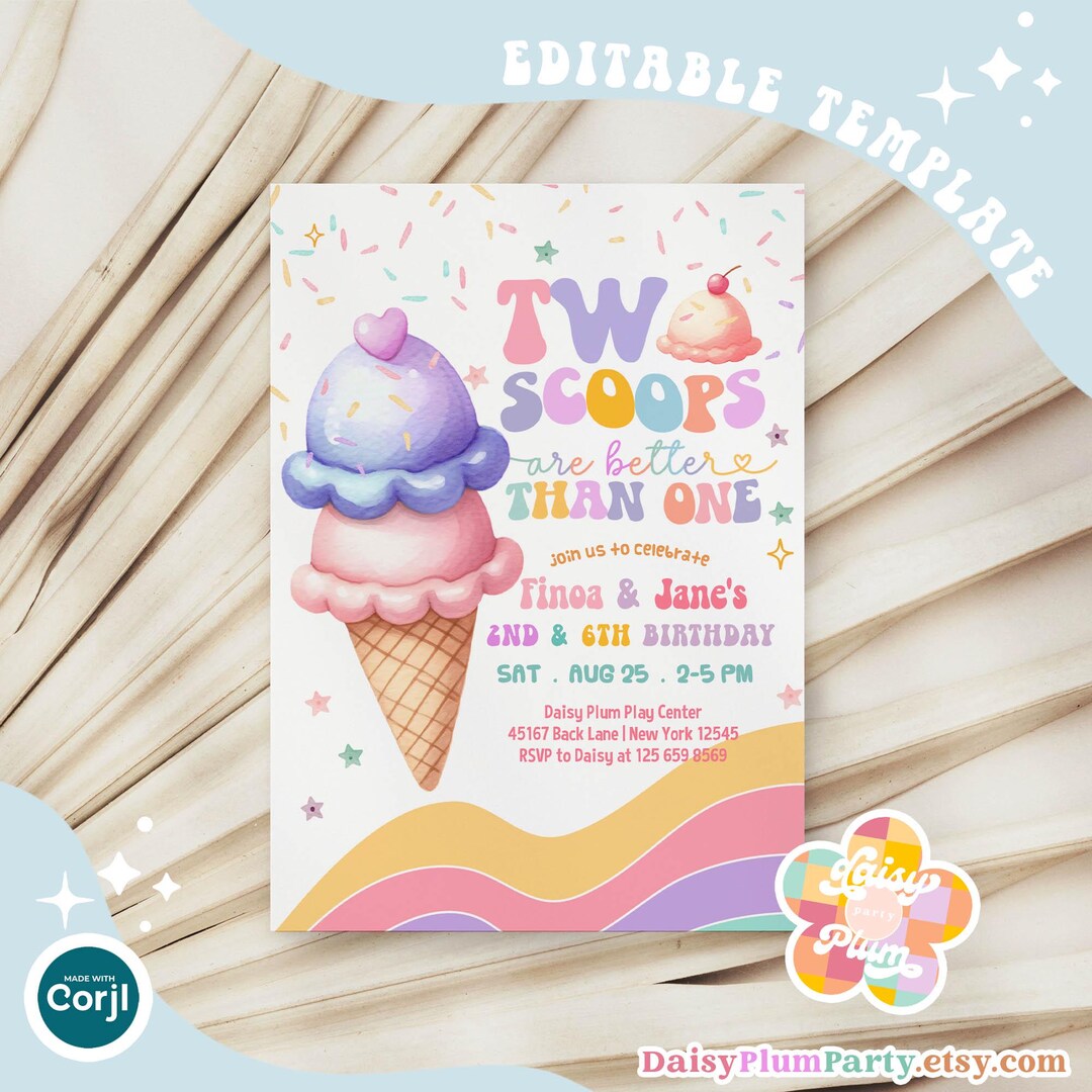 Joint Twin Girls Ice Cream Birthday Invitation Two Scoops Are Better ...