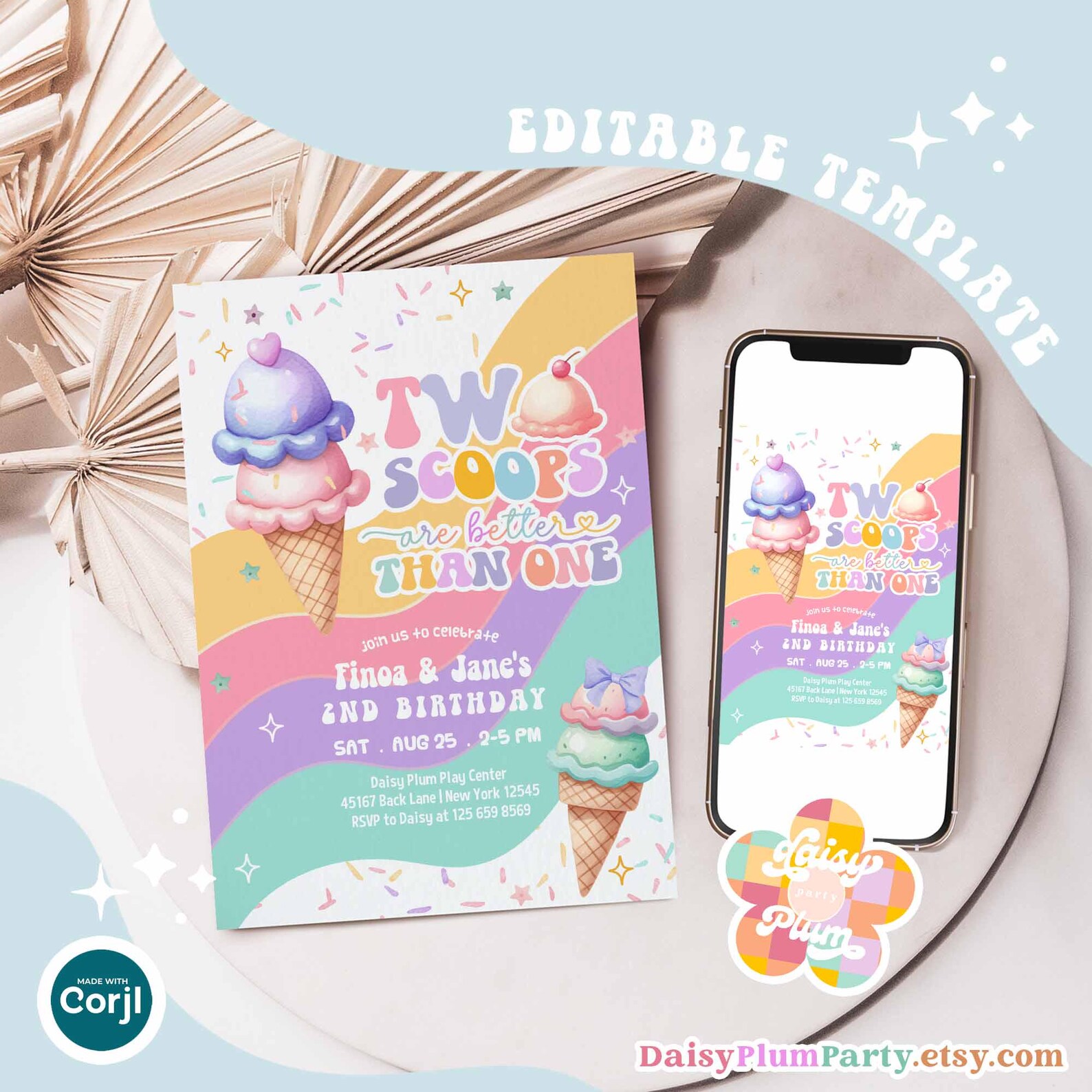 Editable Twin Girls Ice Cream Birthday Two Scoops Are Better Than One ...