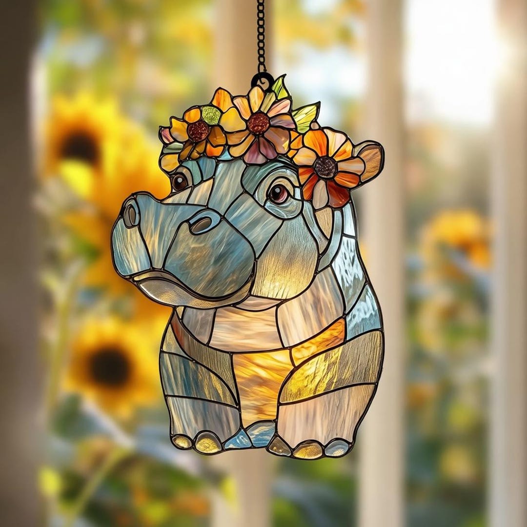 Adorable Hippo Stained Glass Suncatcher, Faux Stained Glass Window ...