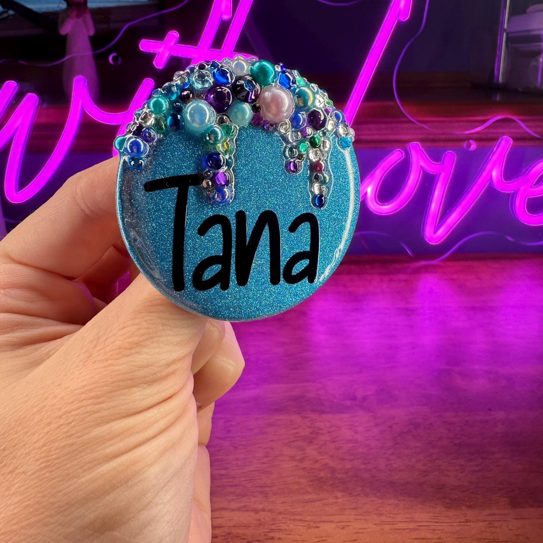 Custom Glitter Name Tag | Hand-bedazzled Rhinestone & Pearl Badge - Etsy