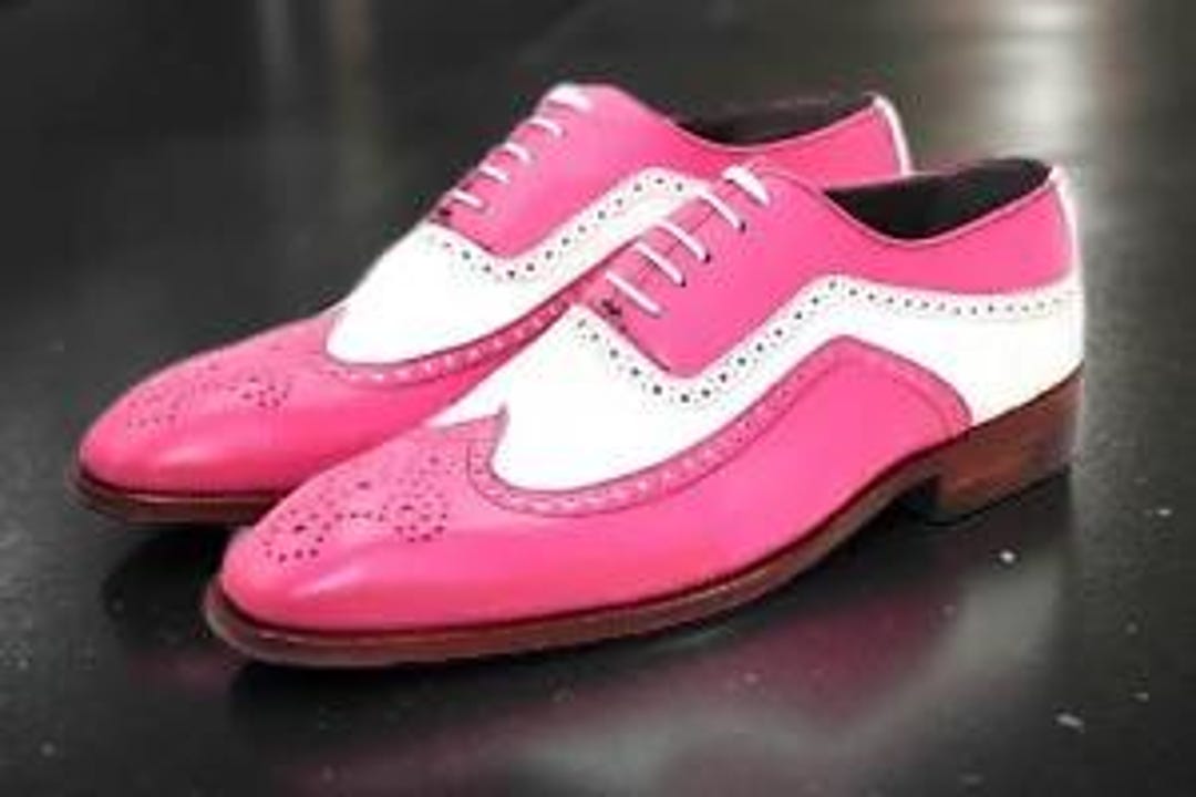 Men's Pink and White Brogue Wing's Tip Leather Oxford Whole-cut ...