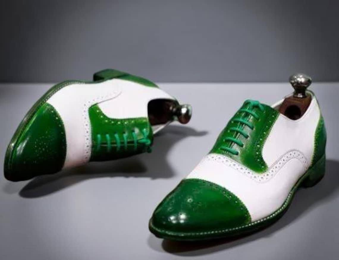Men's Handmade Two-tone Green & White Leather Brogue Dress Shoes - Etsy