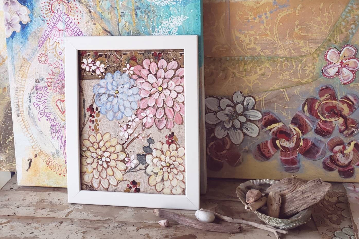 SHADOW GLADE... original acrylic painting, flower designs painted on ...