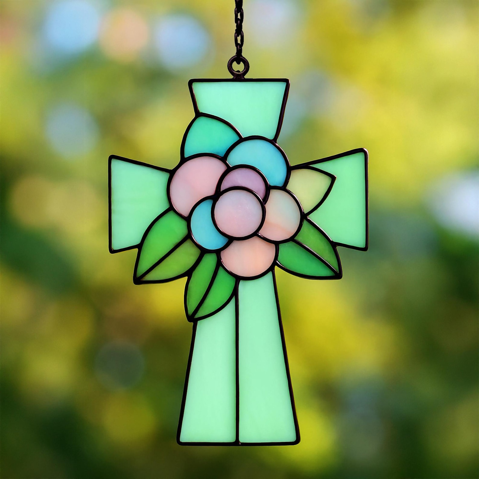 Cross With Flower Stained Glass Pattern, Cross With Flower Stained ...