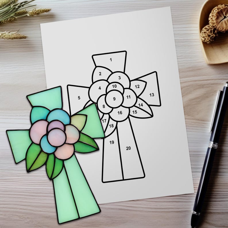 Cross With Flower Stained Glass Pattern, Cross With Flower Stained ...