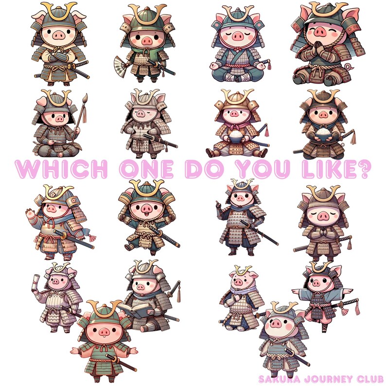 Kawaii × Samurai – Cute Japanese Pig Clipart (18 Pngs, Transparent ...