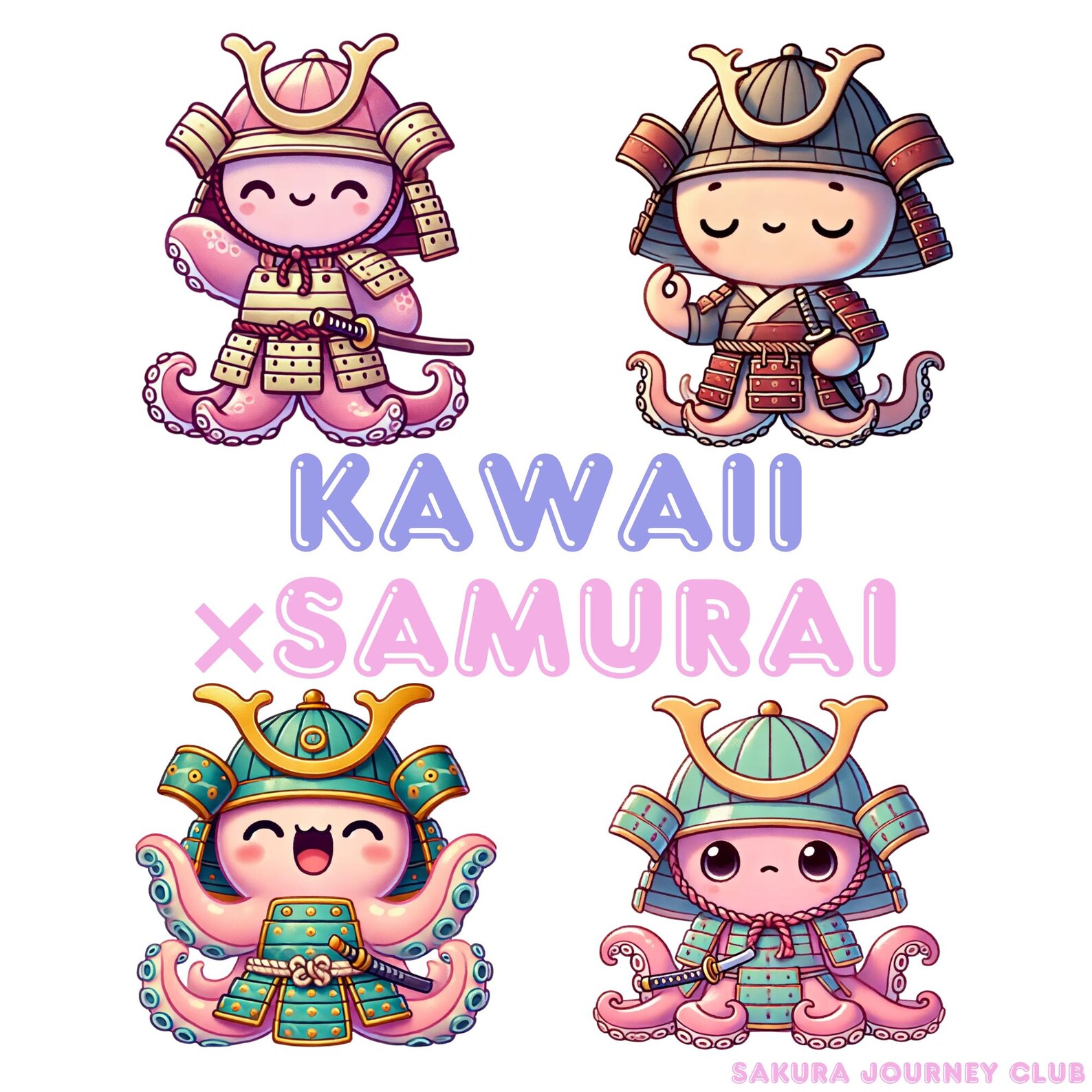 Kawaii × Samurai – Cute Japanese Octopus Clipart (18 Pngs, Transparent ...