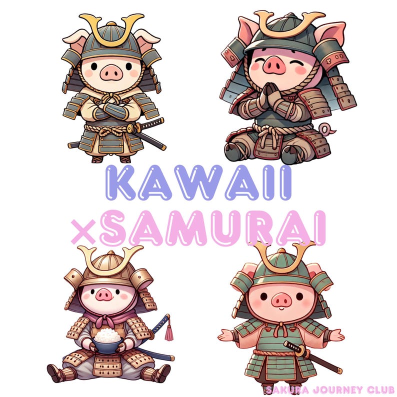Kawaii × Samurai – Cute Japanese Pig Clipart (18 Pngs, Transparent ...