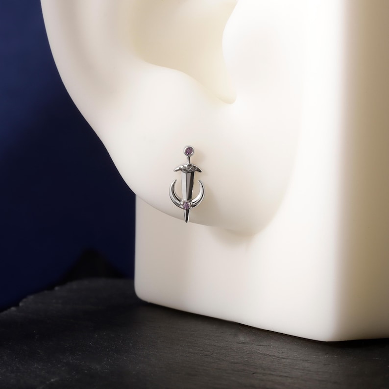 Dagger Moon Threadless Push in Helix Stud Earring|18k Gold Plated Sterling Silver Flat Back ...