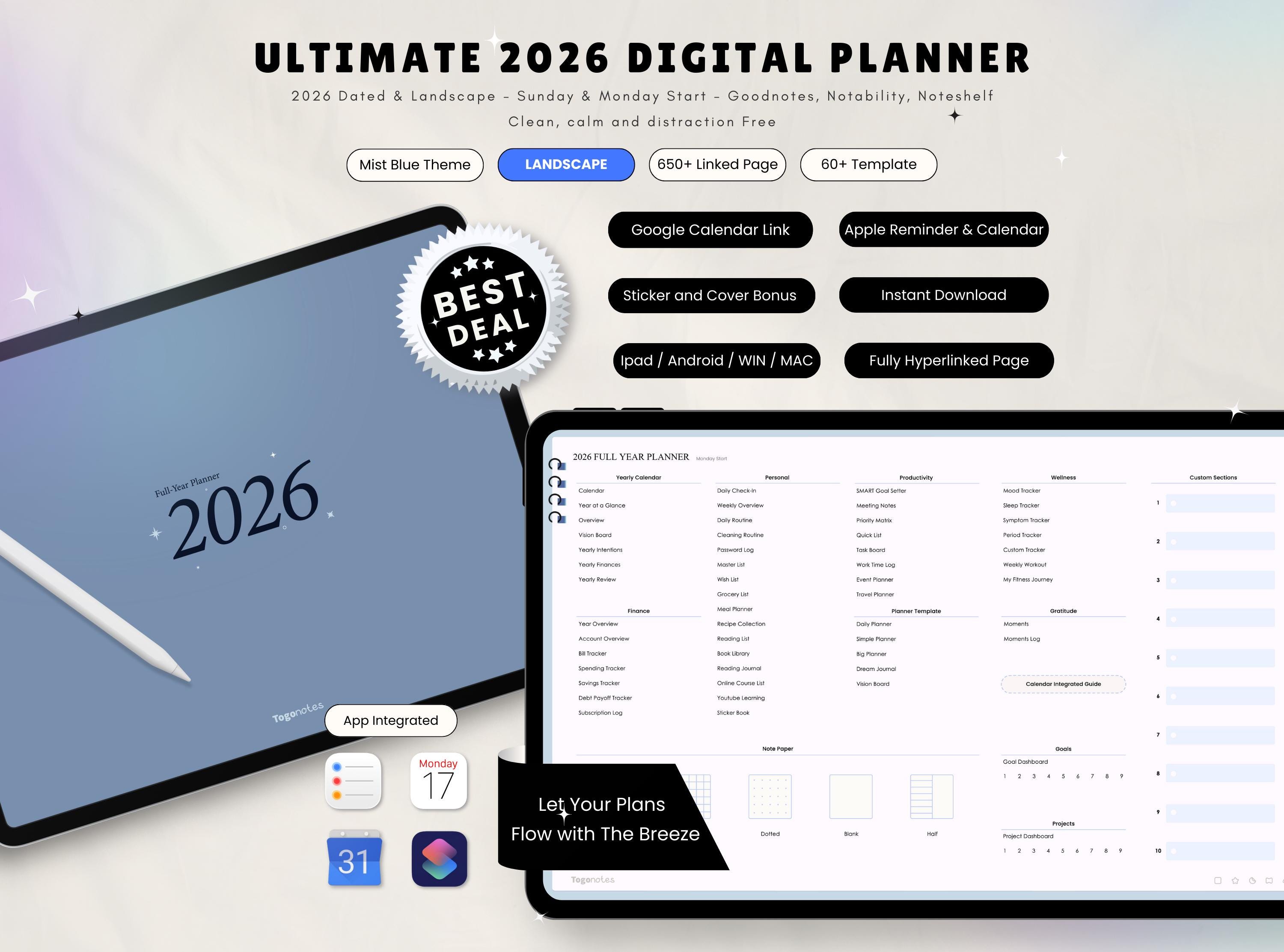 2026 Landscape Digital Planner for Goodnotes Hyperlinked iPad PDF - Etsy