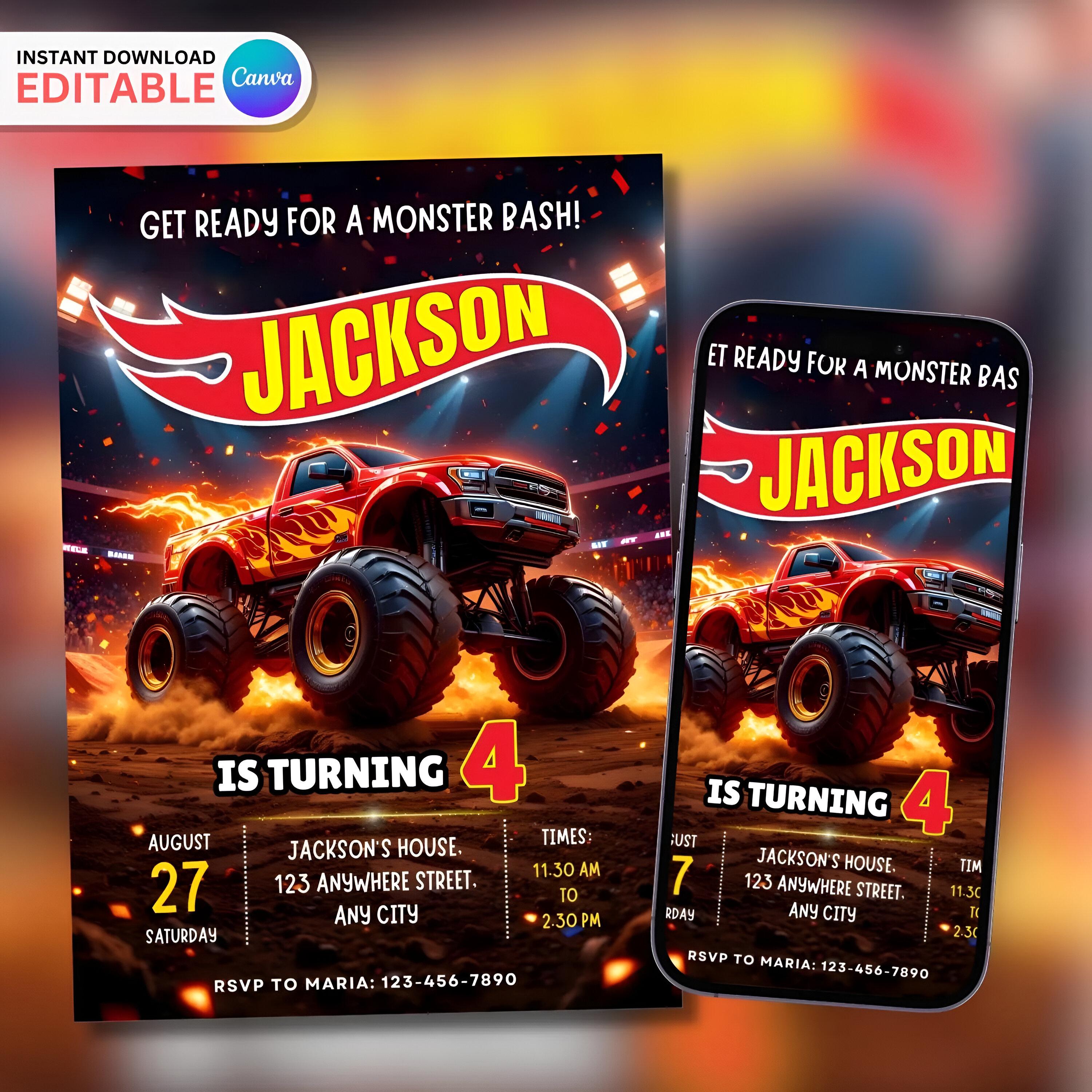 Editable Hot Monster Truck Birthday Invitation, Wheels Monster Truck ...